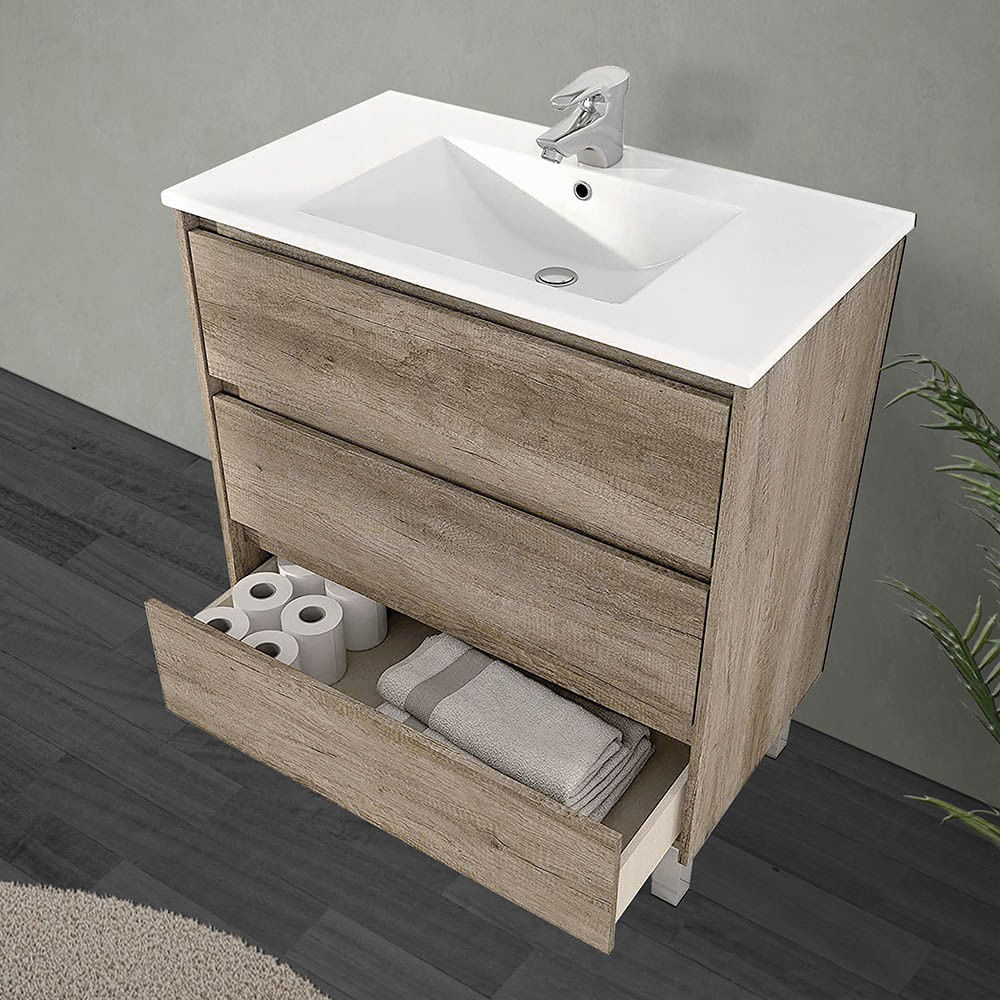 Mobiletto bagno a terra 80 cm 3 cassetti serie Oasi rovere con specchio ...