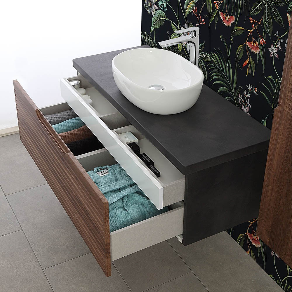 Mobile bagno sospeso 110 cm noce canaletto con lavabo e specchio ...